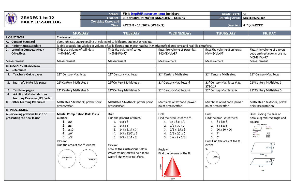 DLL Mathematics 6 Q4 W2 - AHBCT - GRADES 1 to 12 DAILY LESSON LOG School: Visit DepEdResources ...
