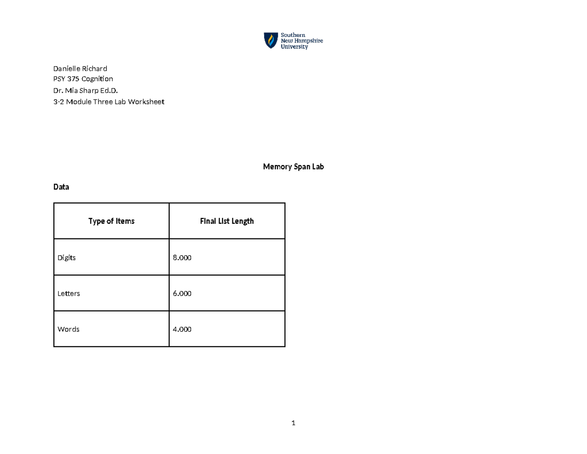 3-2 Module Three Lab Worksheet - Danielle Richard PSY 375 Cognition Dr ...