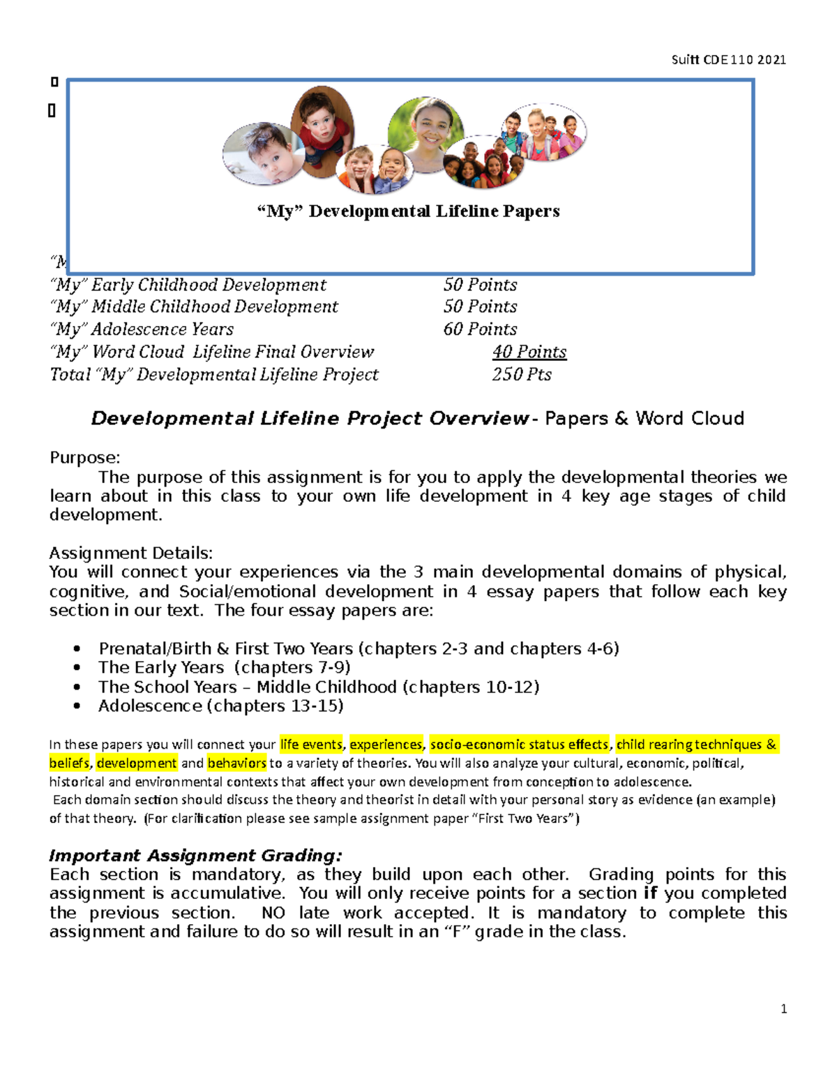 My Development Lifeline Project Overview Child Development CDE-118 - “My” Prenatal, Birth & 1st ...