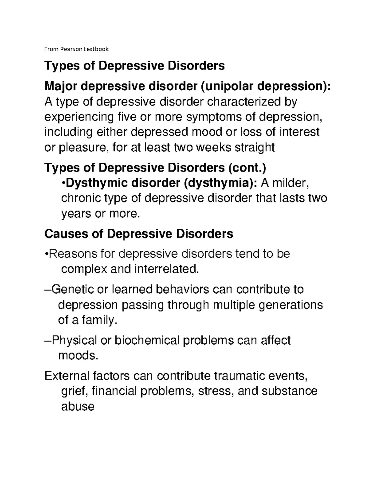 HEDU 1531 notes - From Pearson textbook Types of Depressive Disorders ...