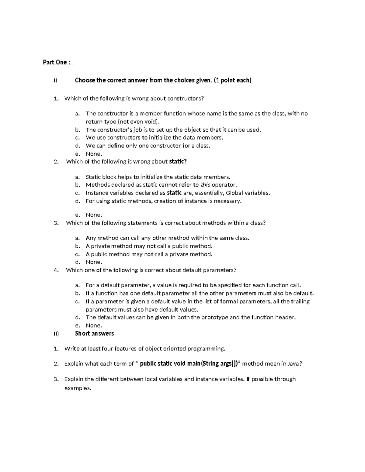 OOP Sample Mid Exam - java mid exam at @astu - Part One : I) Choose the ...