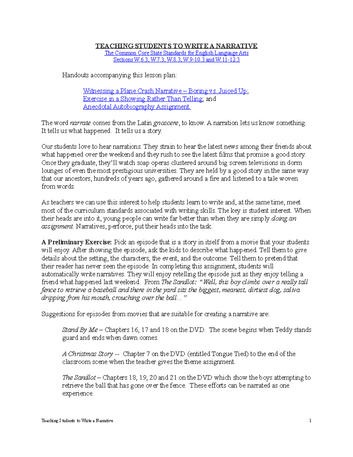 Narrative writing lesson plan - TEACHING STUDENTS TO WRITE A NARRATIVE ...