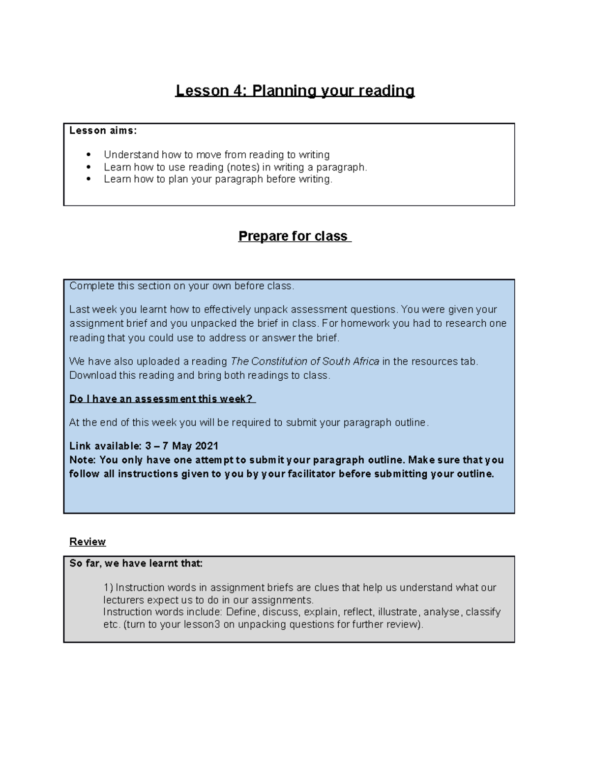 Lesson 4 Planning your reading - Eale1508 - UFS UV - StuDocu
