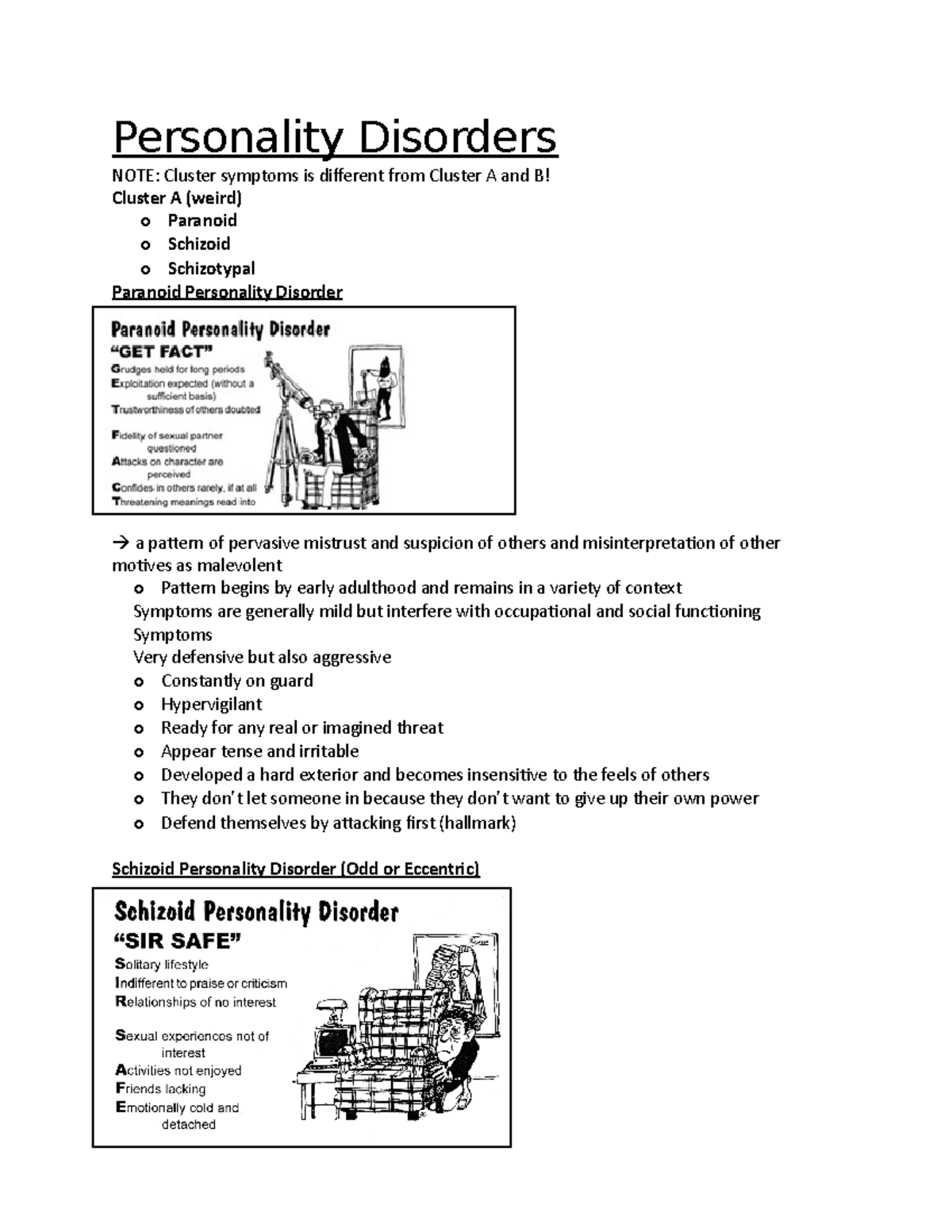 Personality Disorders Notes - Personality Disorders NOTE: Cluster ...