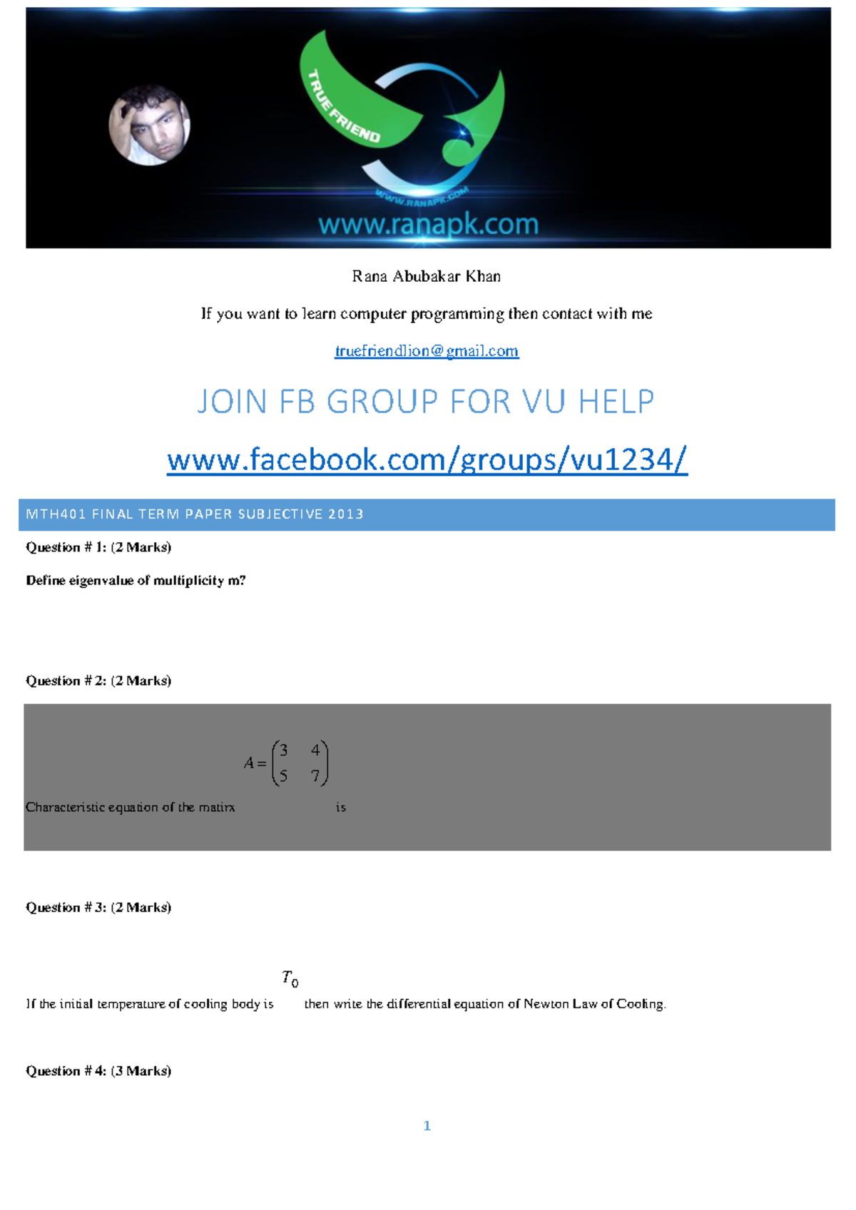 MTH401 Final Term 2013 Subjective - Rana Abubakar Khan If you want to ...