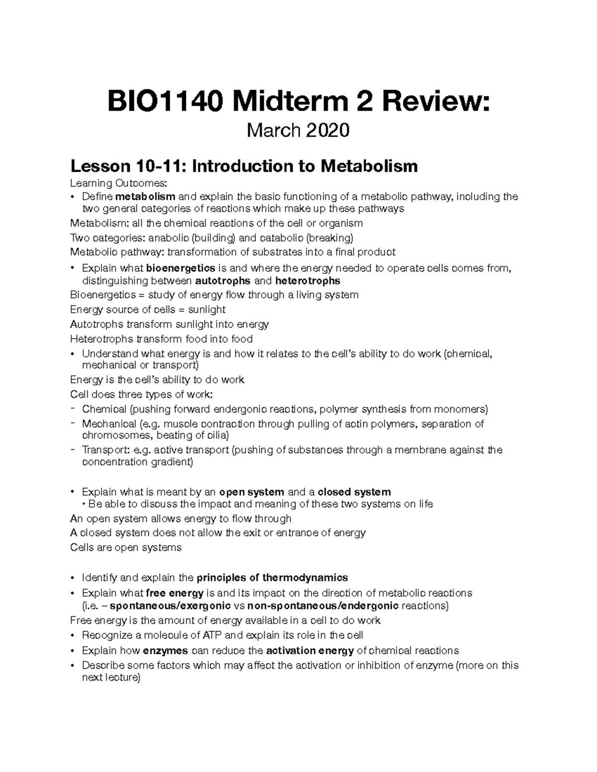 Bio114- learning outcomes block 2 - BIO1140 Midterm 2 Review: March ...