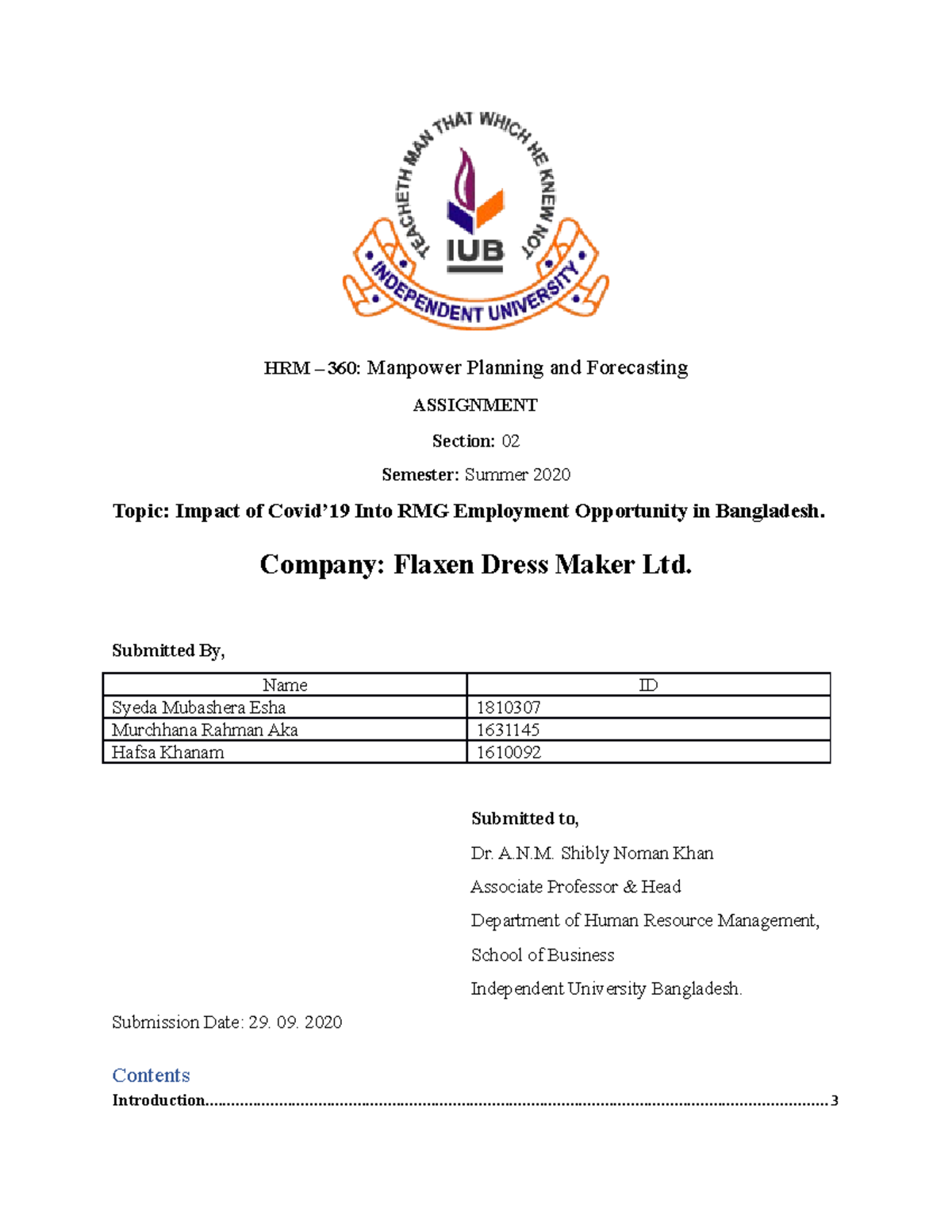 HRM 360 A2 1 - HRM360 - HRM – 360: Manpower Planning and Forecasting ASSIGNMENT Section: 02 ...