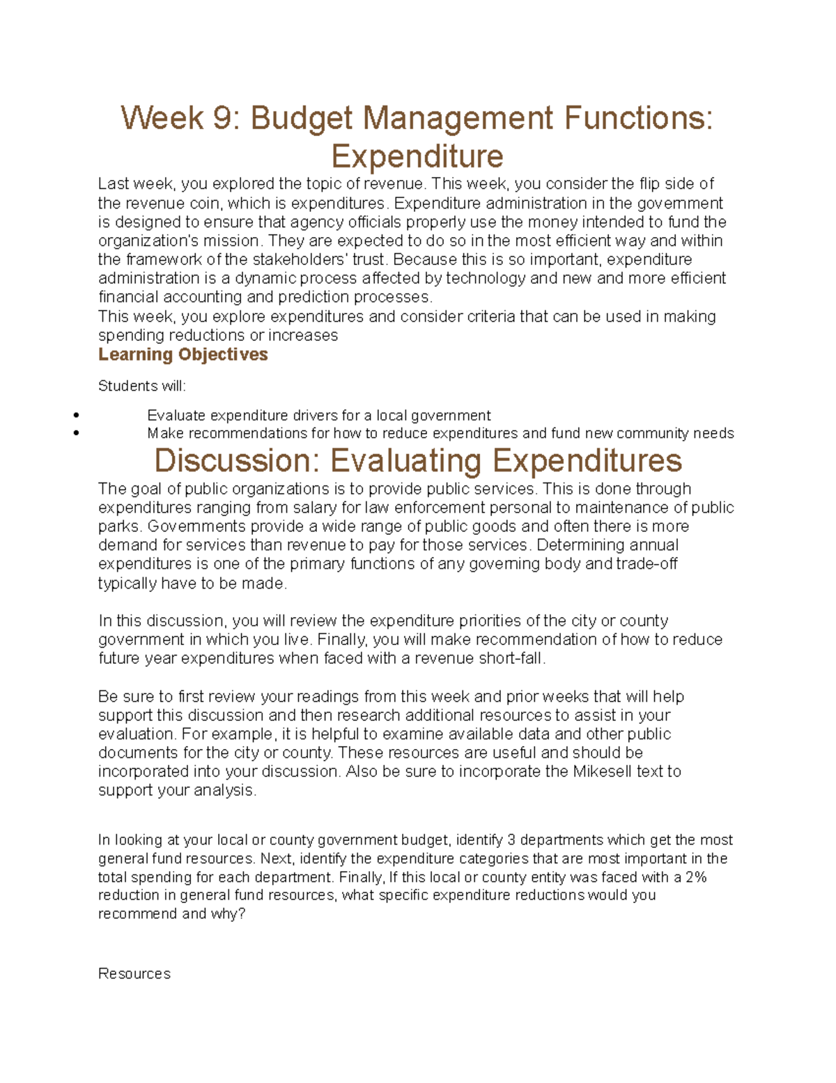Week 9: Budget Management Functions: Expenditure - This week, you ...