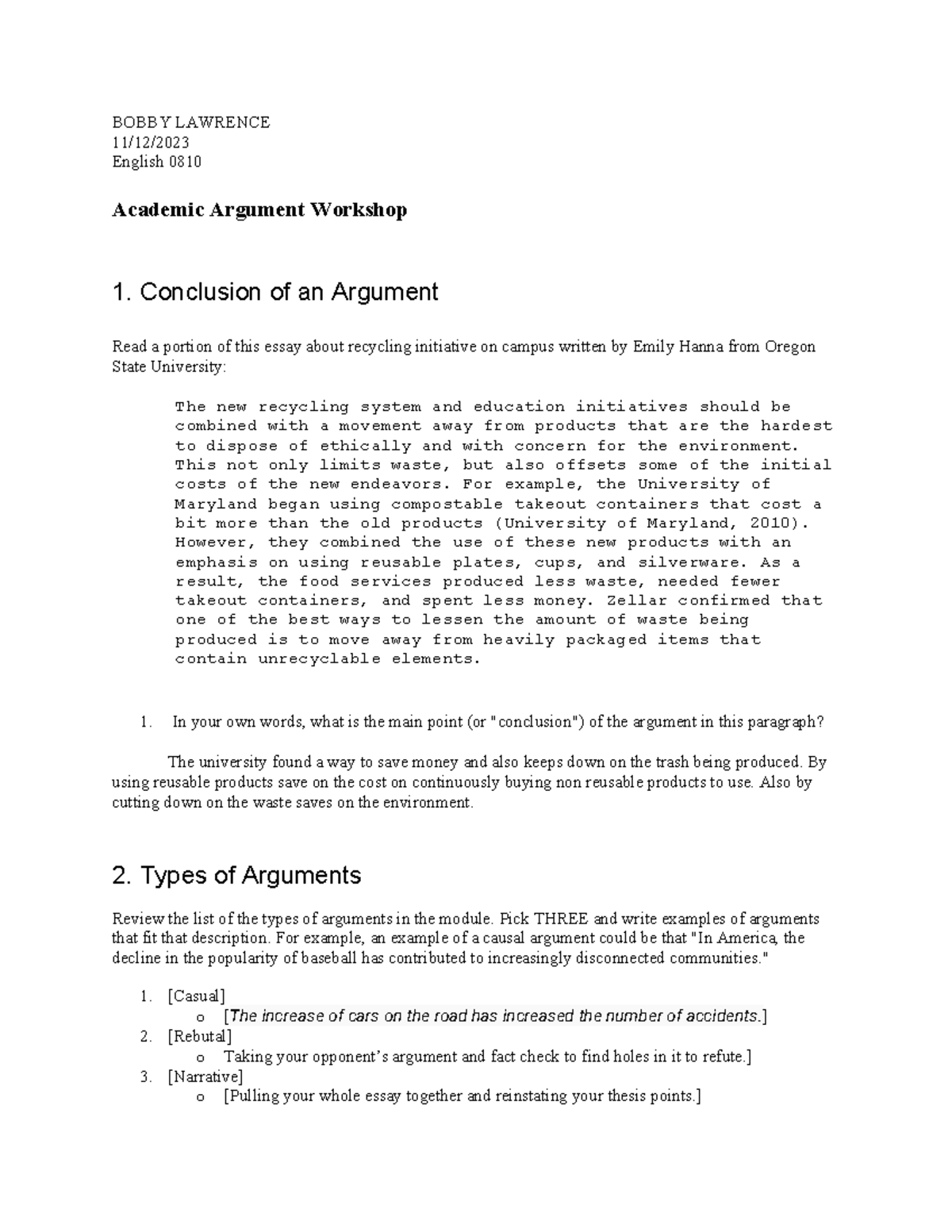 Bobby Lawrence English 0810 Academic Argument Workshop - BOBBY LAWRENCE ...