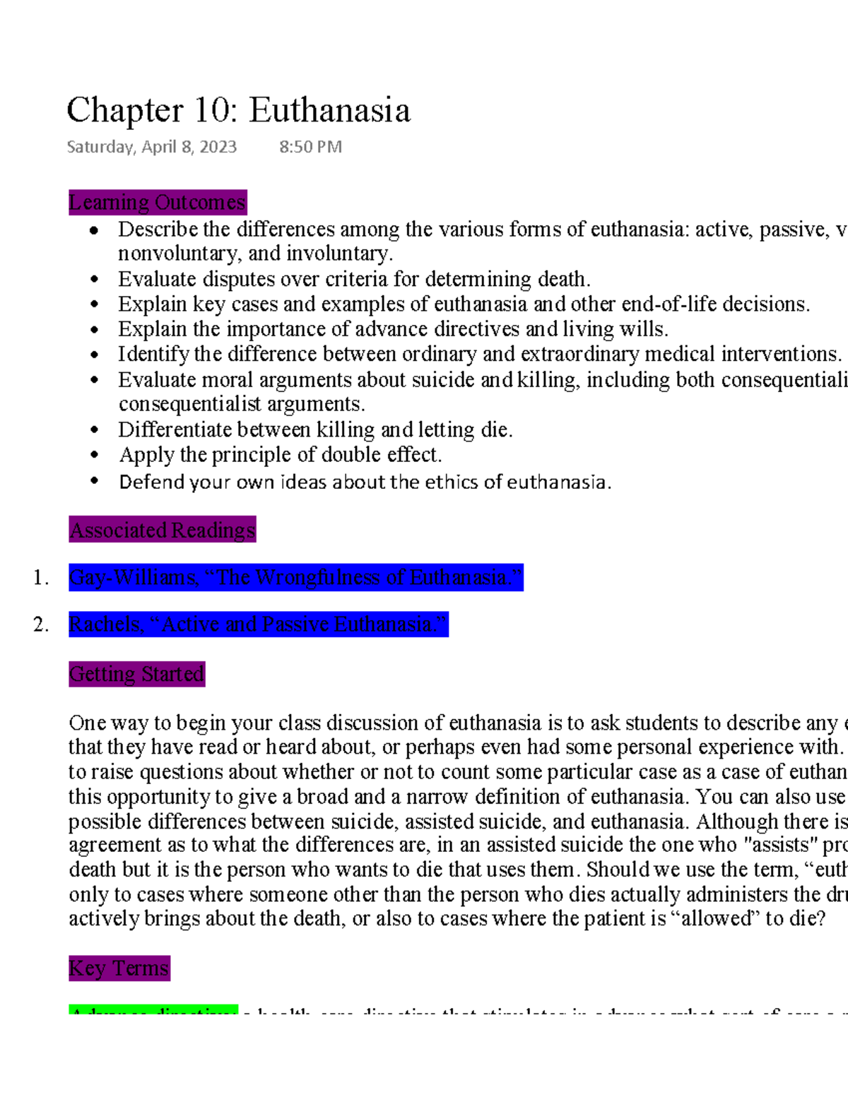 Chapter 10 Euthanasia - Learning Outcomes Describe the differences ...