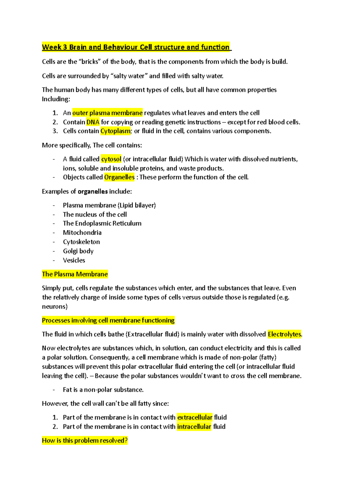 Topic 3 BAB Cell structure and function - Week 3 Brain and Behaviour ...