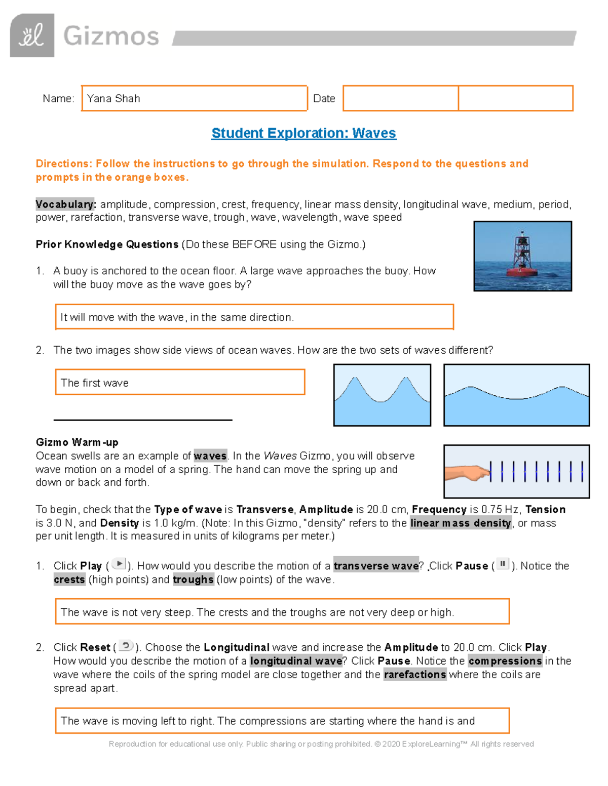 Waves practice test - Name: Yana Shah Date Student Exploration: Waves ...