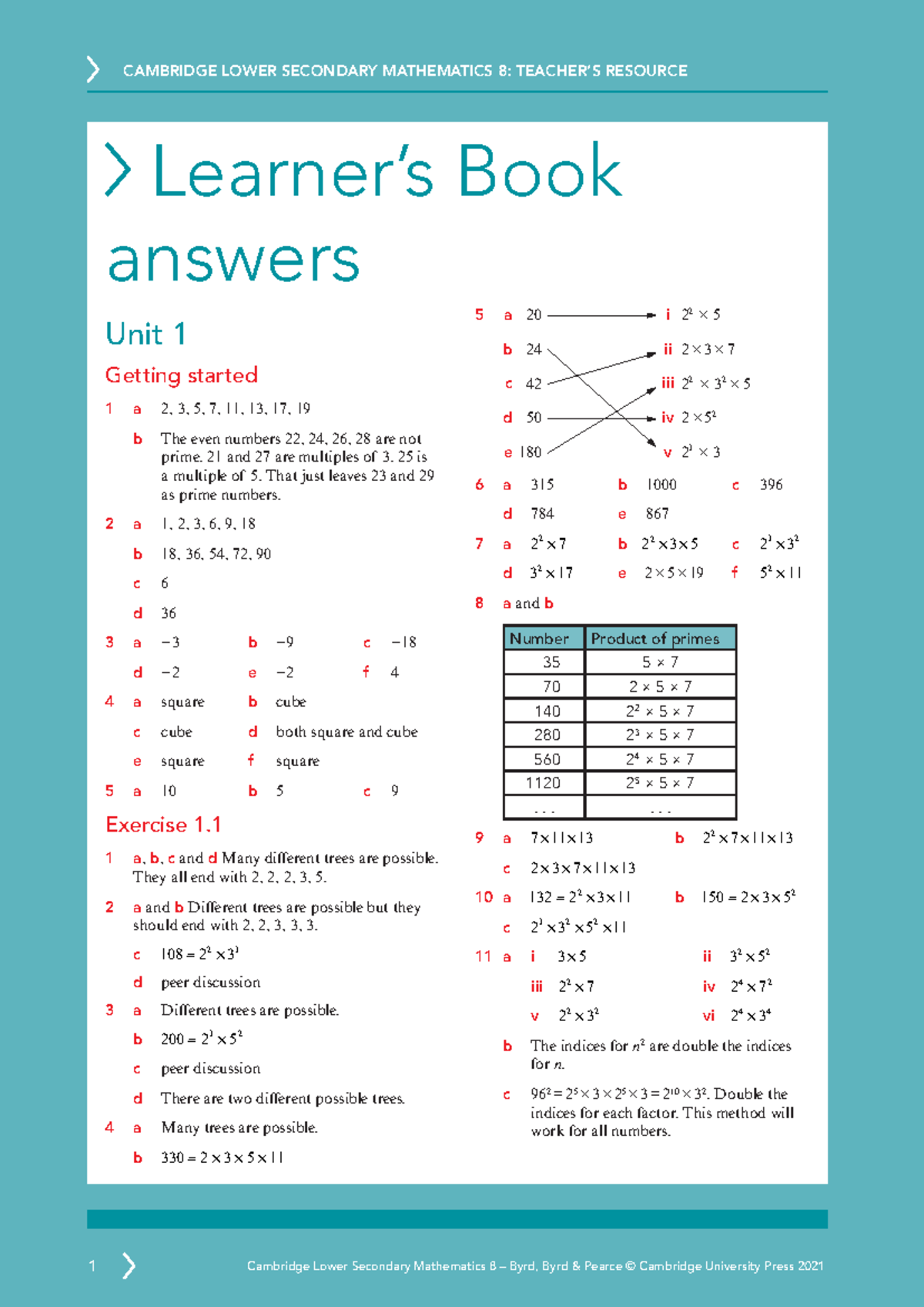 Mathematics year 8 Learner's Book - Answers - Learner’s Book answers Unit 1 Getting started 1 a ...