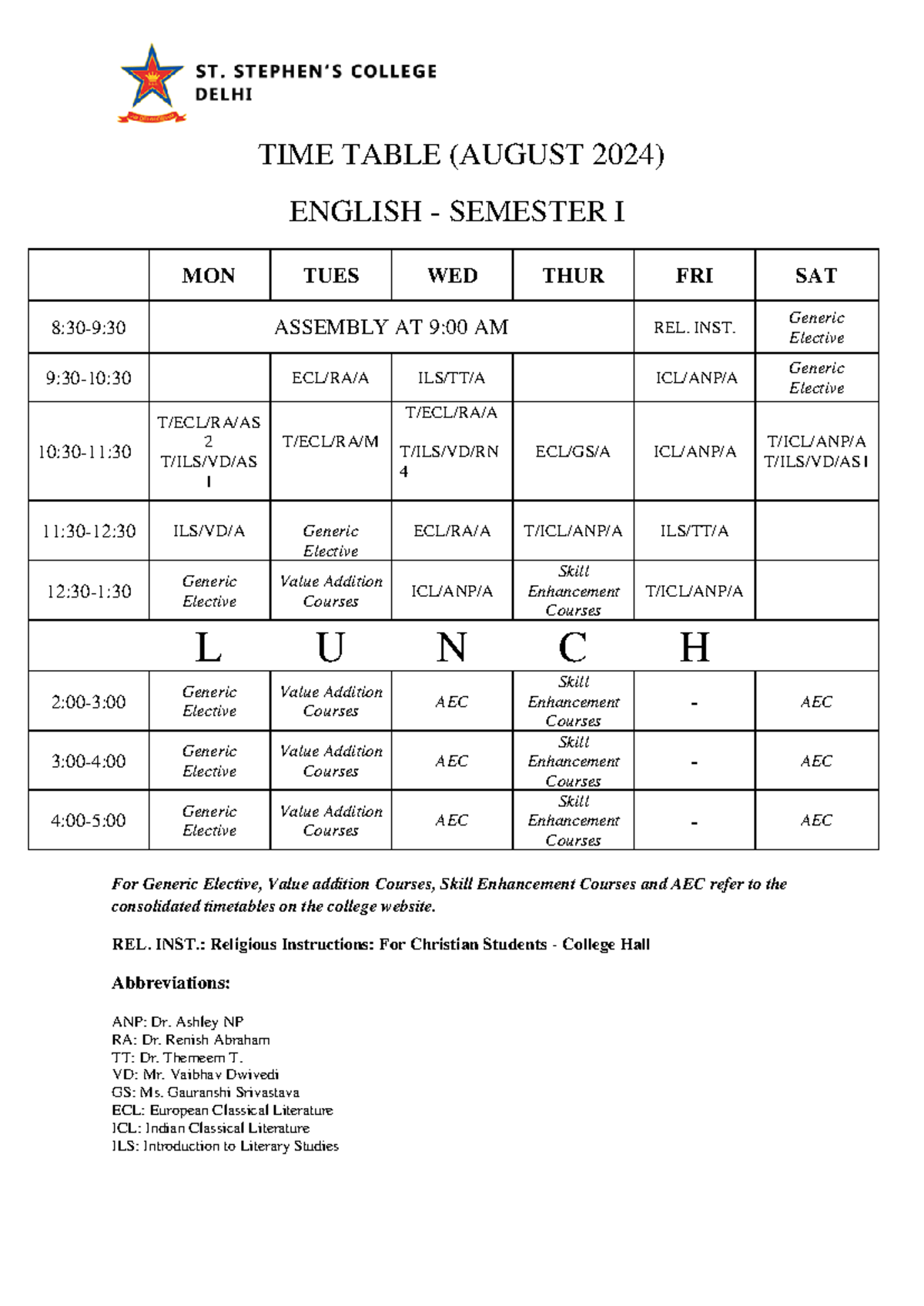 1ENG 1a - This is the timetable of the course - TIME TABLE (AUGUST 2024 ...