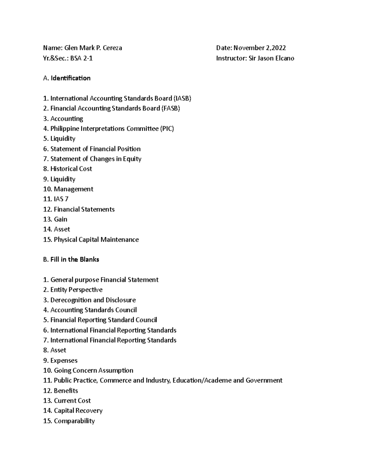Assignment 3 (CFAS) - None - Name: Glen Mark P. Cereza Date: November 2, Yr.&Sec.: BSA 2-1 - Studocu
