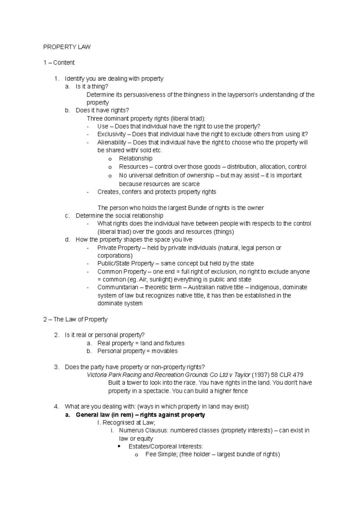 Property Law Summaries - PROPERTY LAW 1 – Content 1. Identify you are ...