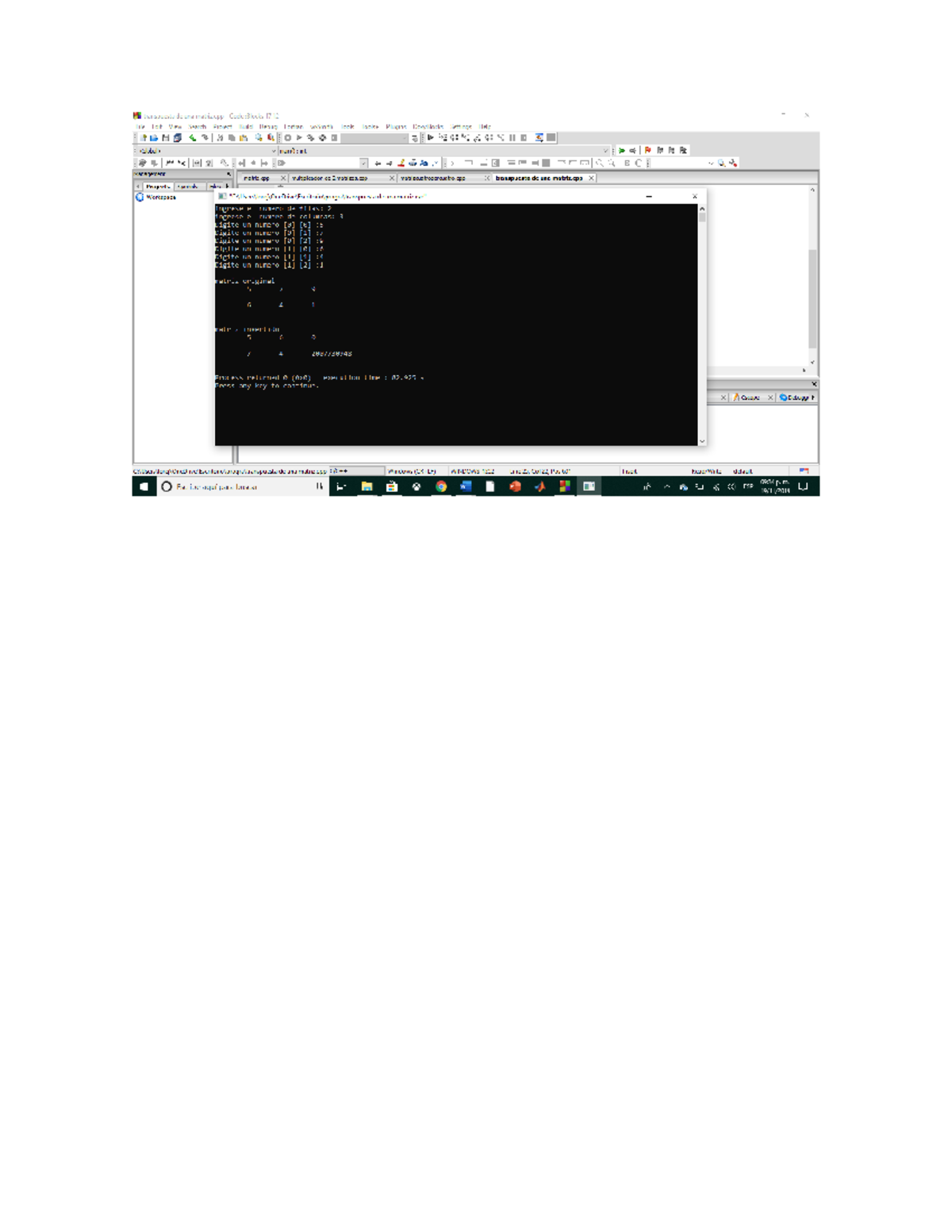 Doc1 - yujktyku - H transpuesta de una matriz Code::Block 17 - 0 X File Edit View Search Project ...