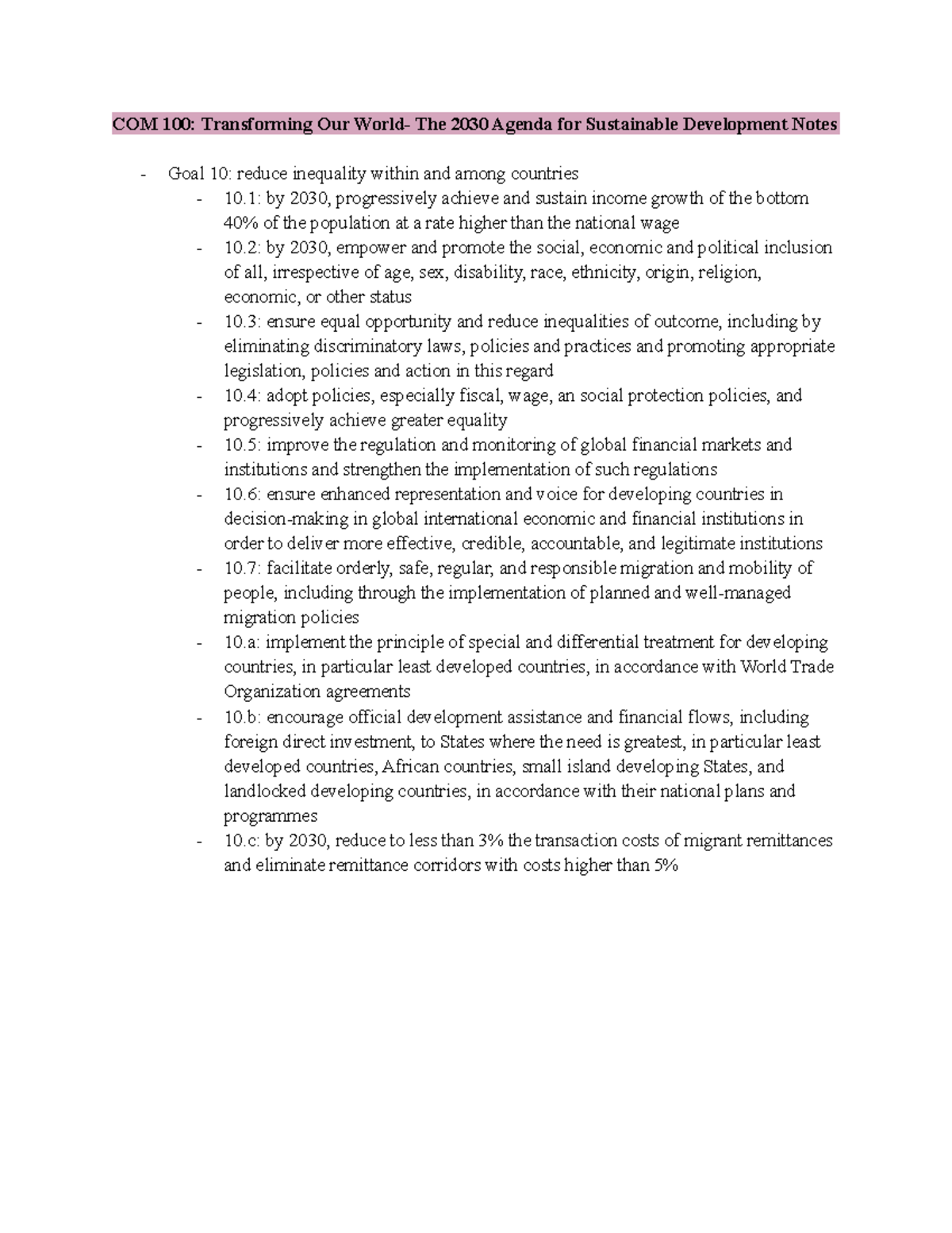 Transforming Our World- Declaration "Goal 10" Notes - COM 100 ...