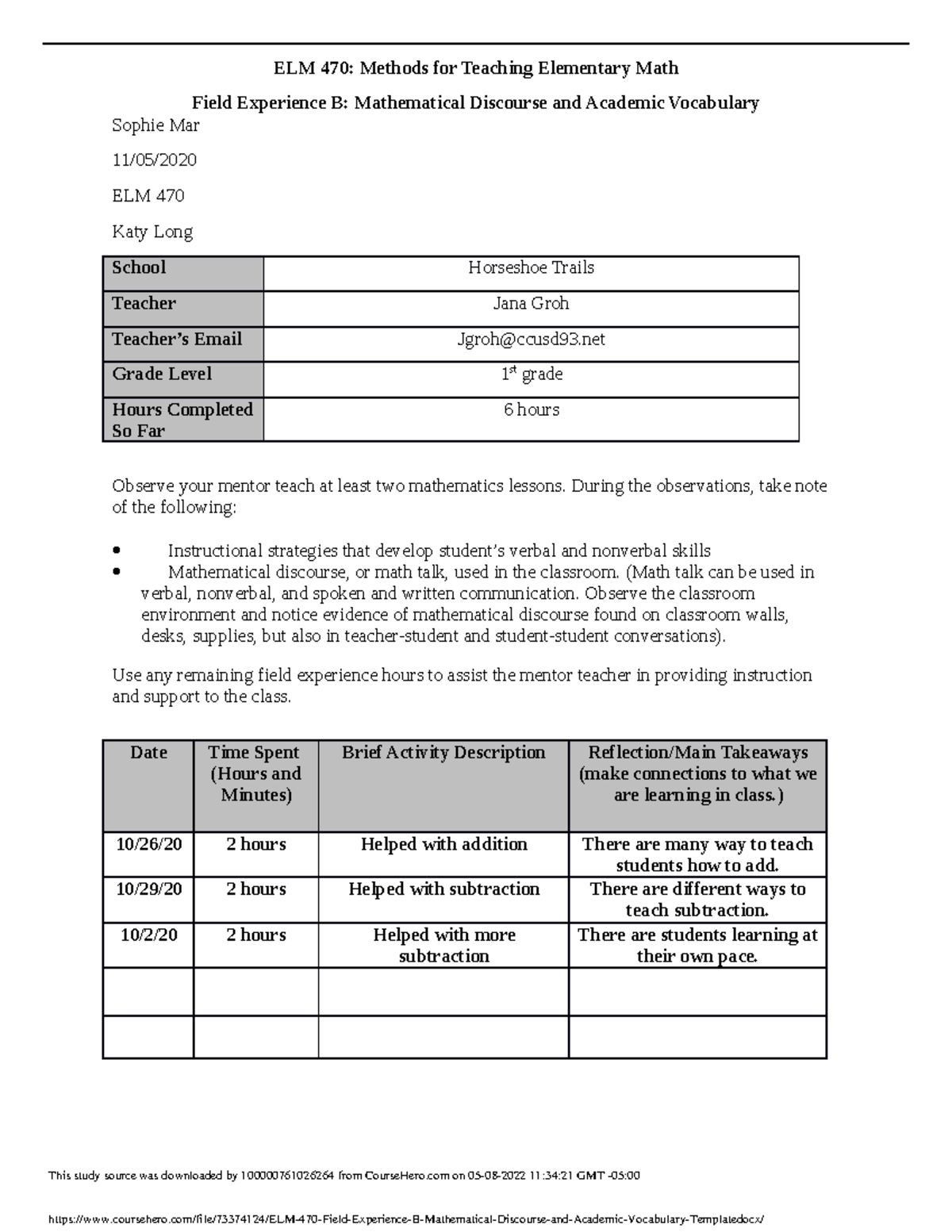Methods for Teaching Elementary Math Field Experience B - Studocu