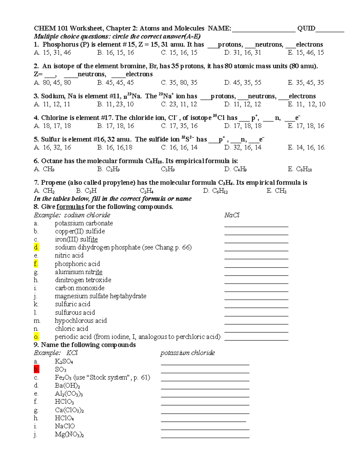 Worksheet Chapter 2 - Lecture notes 8 - CHEM 101 Worksheet, Chapter 2 ...