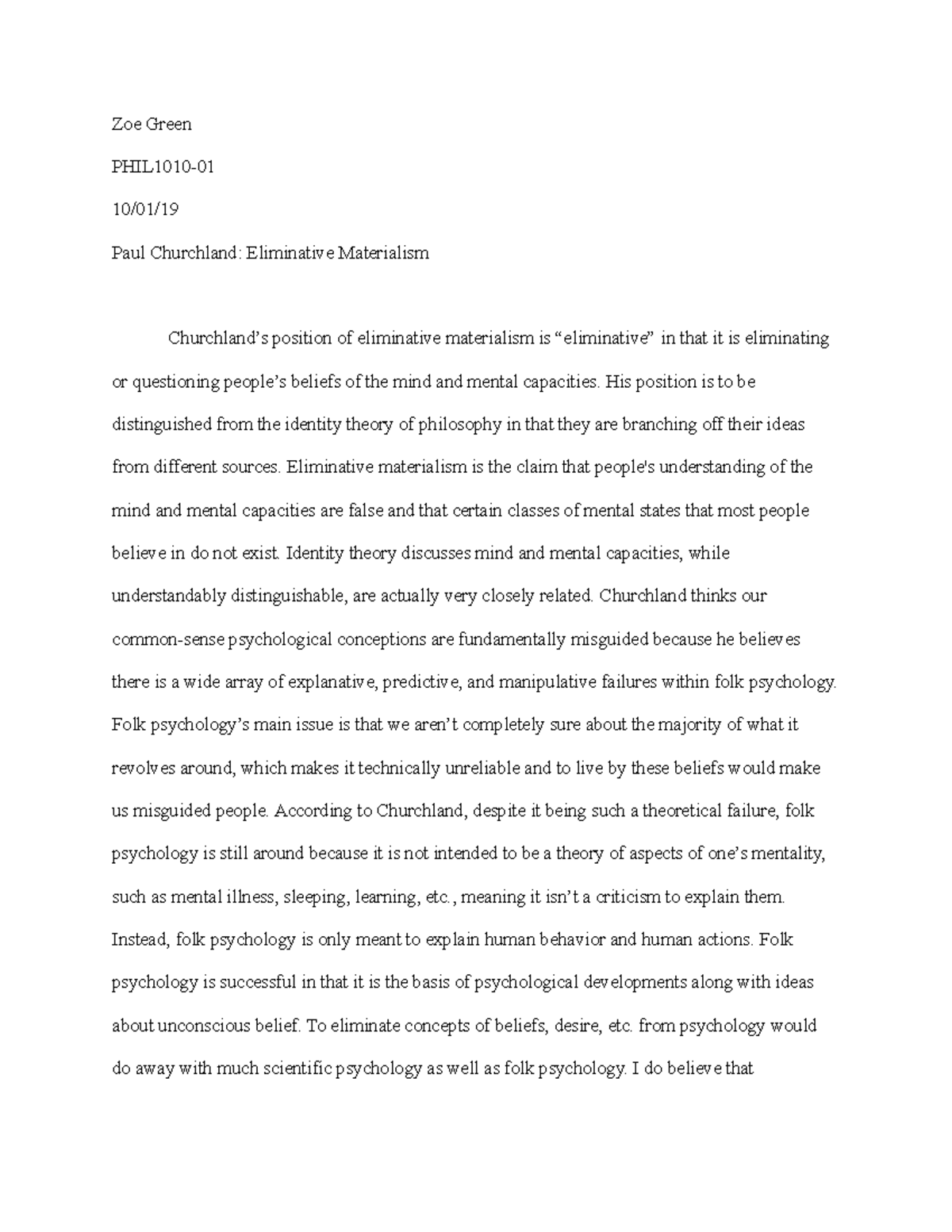Paul Churchland's Eliminative Materialism HW Response - Zoe Green ...