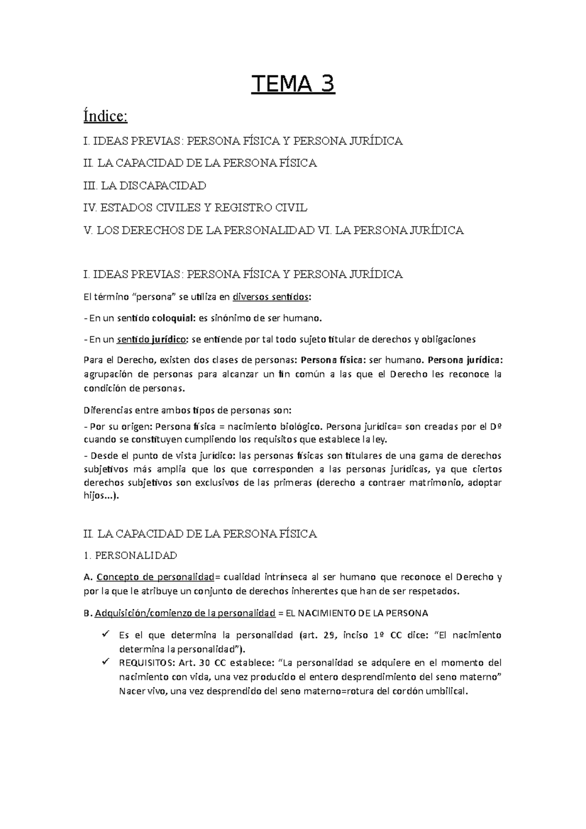 Tema 3 Resumenes - Introducción al Derecho ADE - TEMA 3 Índice: I. IDEAS PREVIAS: PERSONA FÍSICA ...
