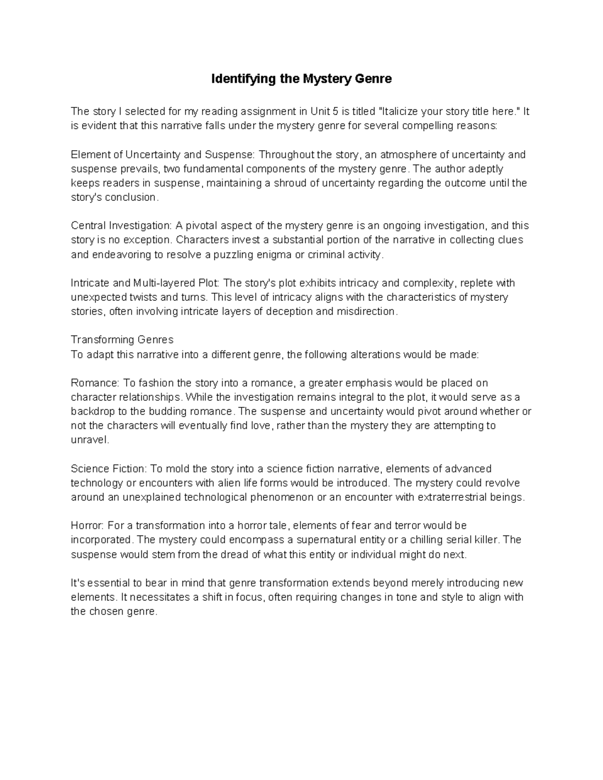 ENGL 1405 discussion assignment unit 5 - Identifying the Mystery Genre ...