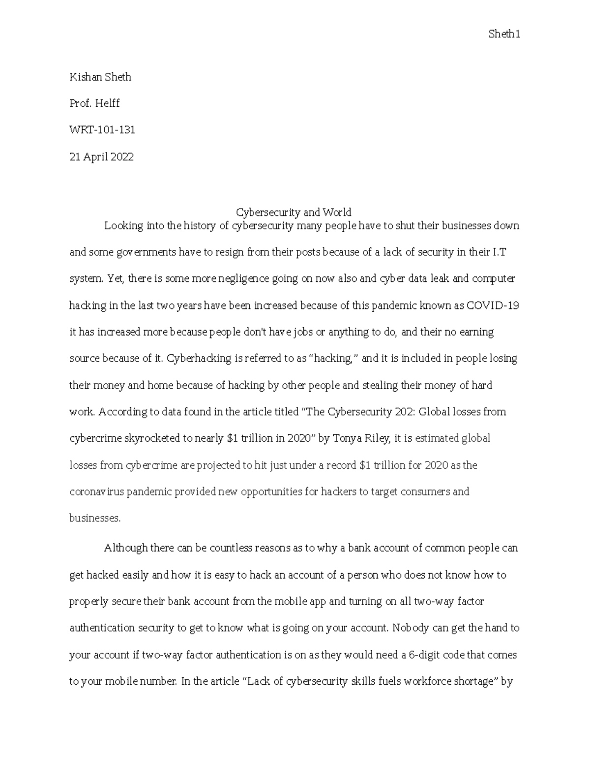 Research Paper Rough Draft - Kishan Sheth Prof. Helff WRT-101- 21 April ...