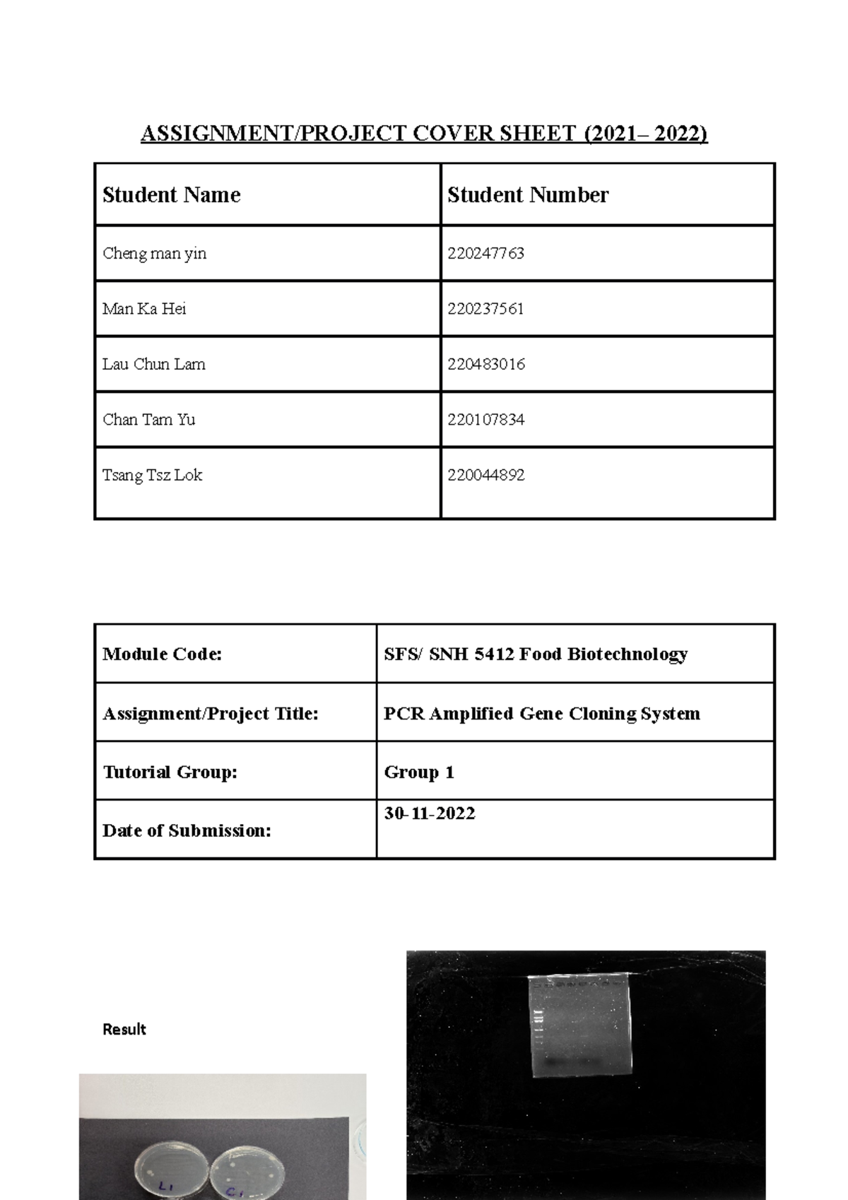SHN5412. gp1 Food Biotechnology lab report - ASSIGNMENT/PROJECT COVER ...