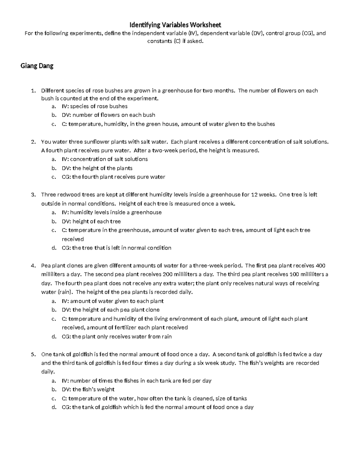Identifying Variables Worksheet - Giang Dang 1. Different species of ...
