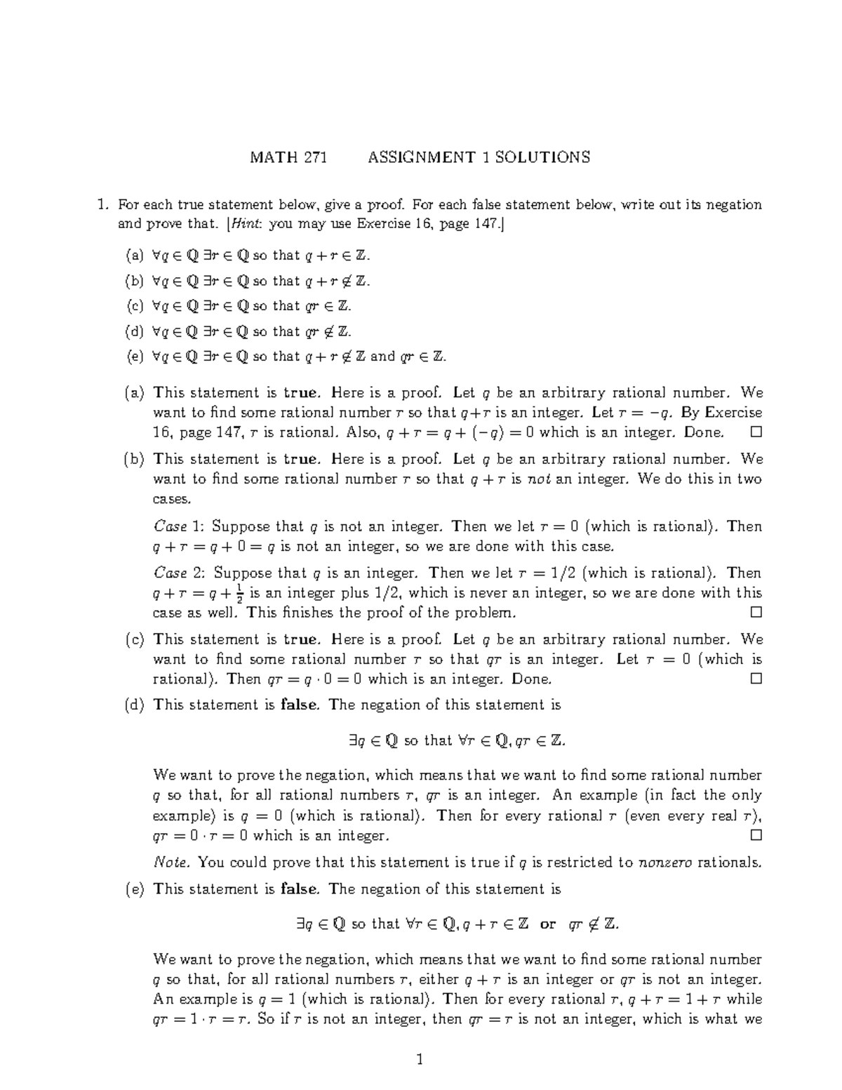 MATH271 W10 LEC1 Solutions to Assignment 1 - MATH 271 ASSIGNMENT 1 SOLUTIONS For each true ...