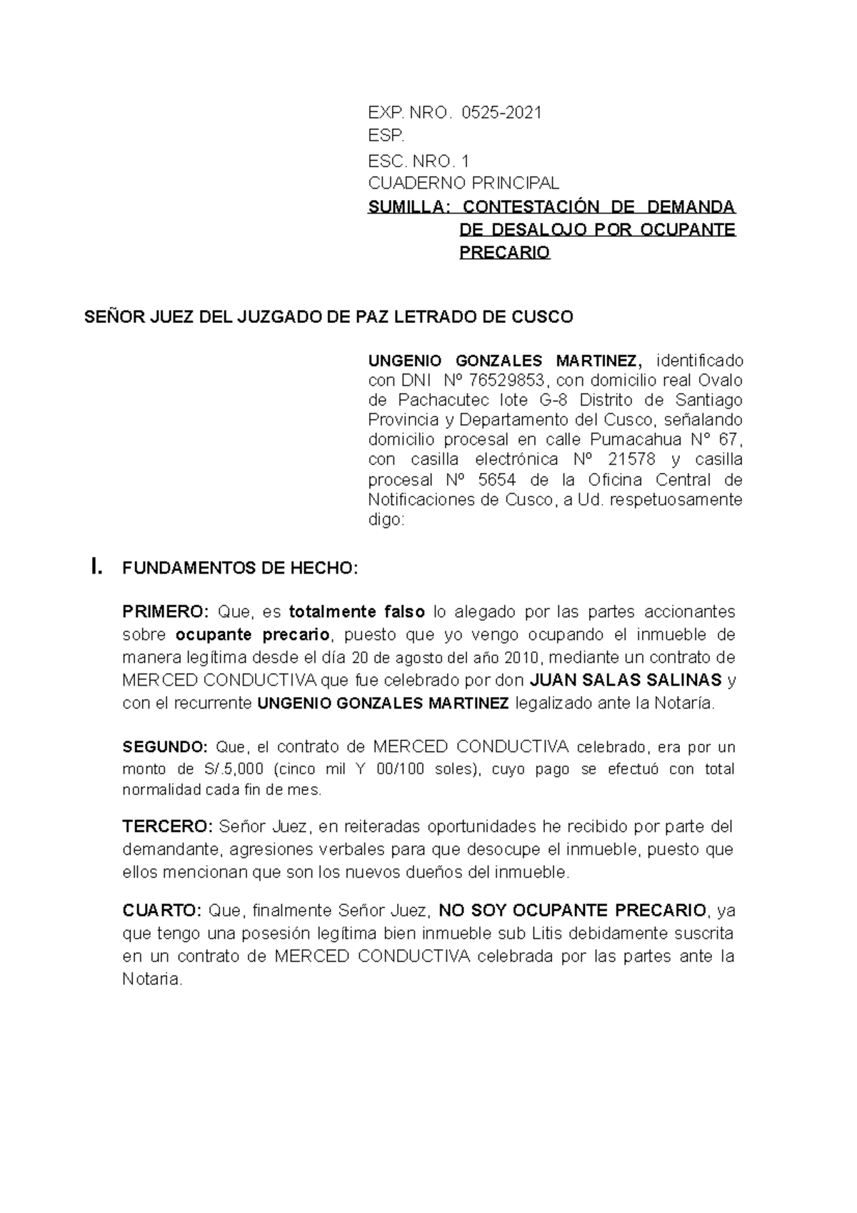 Contestacion demanda precario - EXP. NRO. 0525- ESP. ESC. NRO. 1 ...