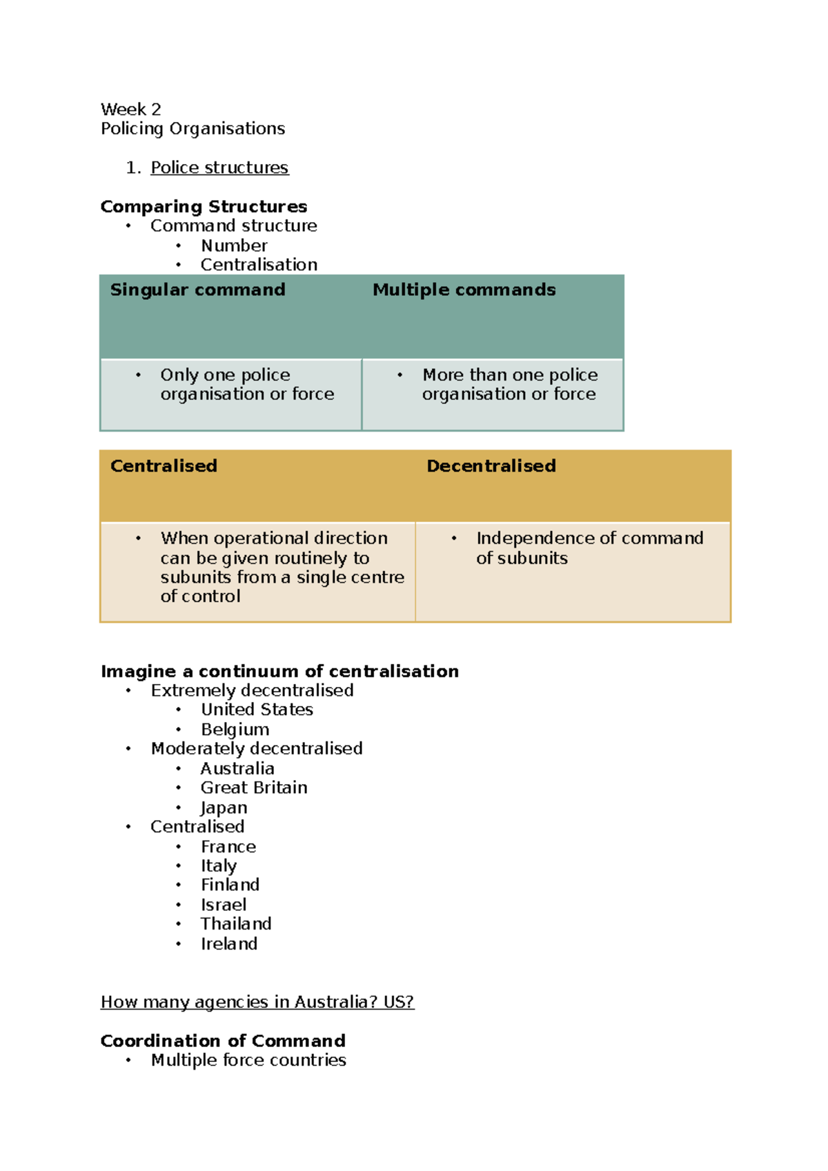 Lecture 2 - Week 2 Policing Organisations Police structures Comparing ...
