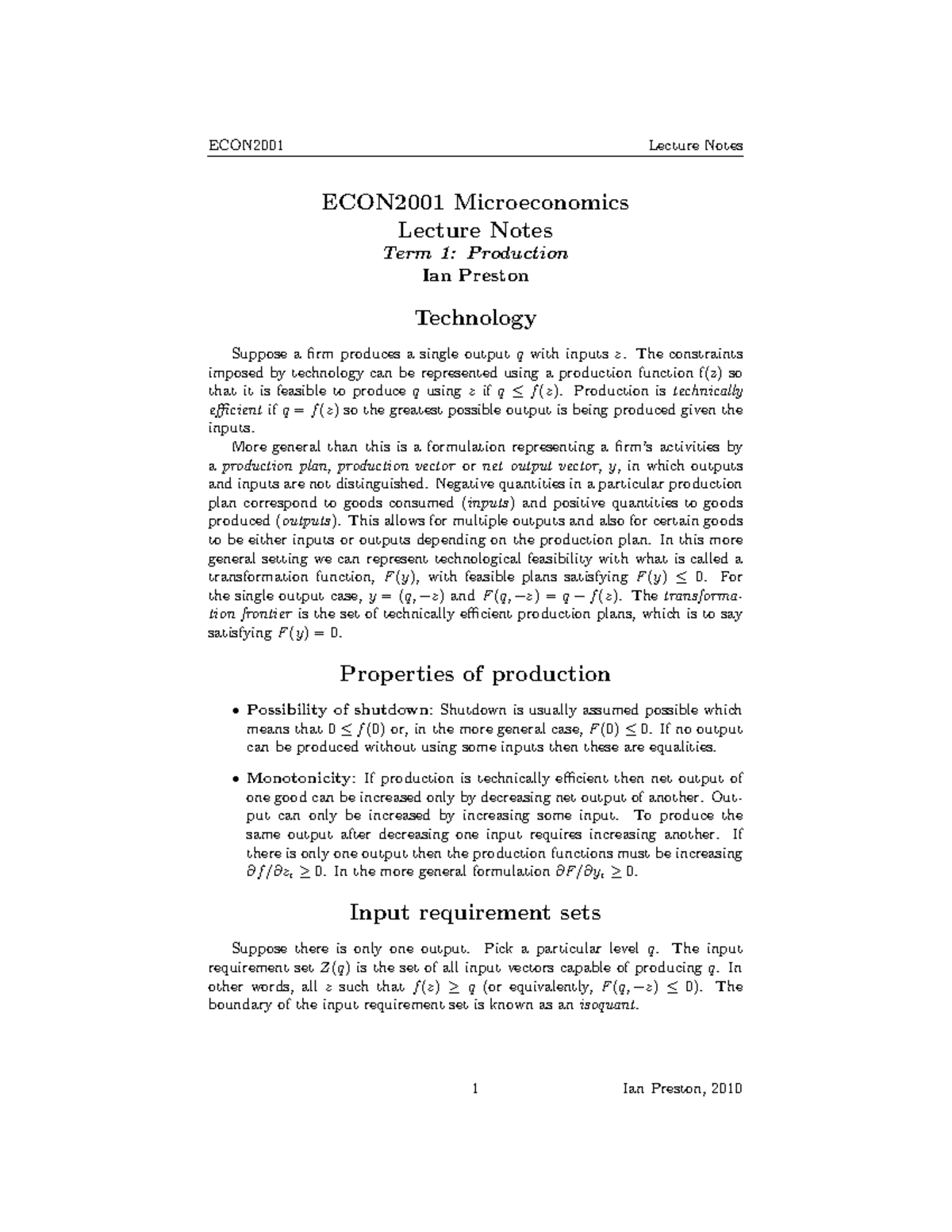 2001 Notes Prod Ucl Economics Course Econ2001 Microeconomics