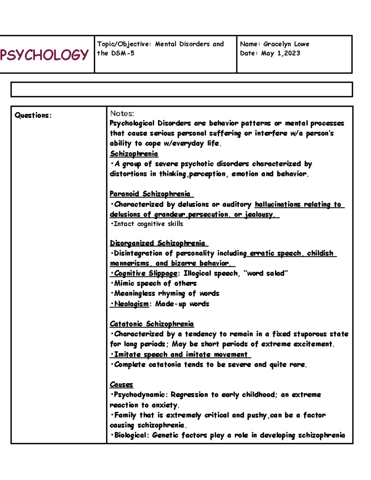 Cornell Notes Template - Topic/Objective: Mental Disorders and the DSM ...
