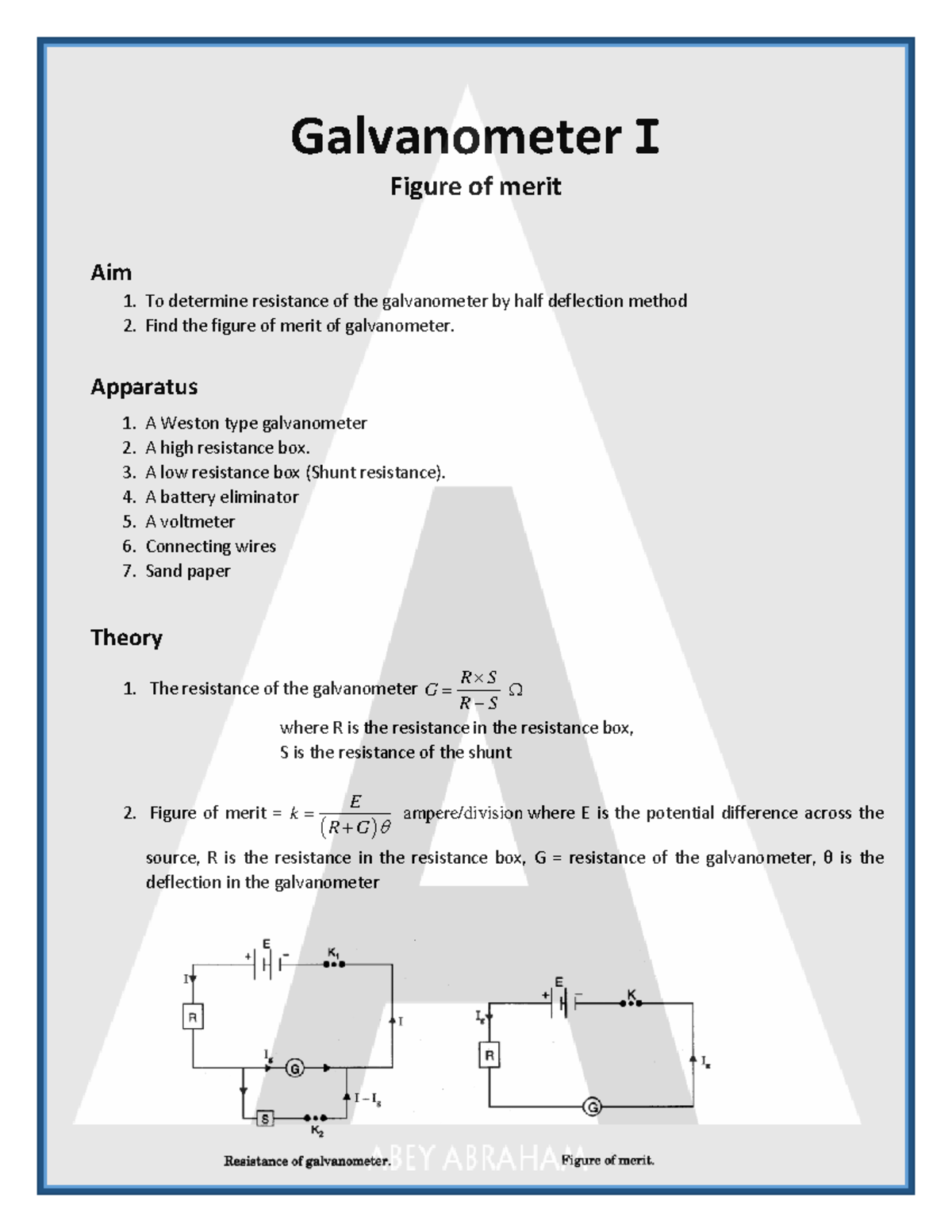 A Galvanometer Galvanometer Resistance And Figure Of Merit Galvanometer I Figure Of Merit Aim