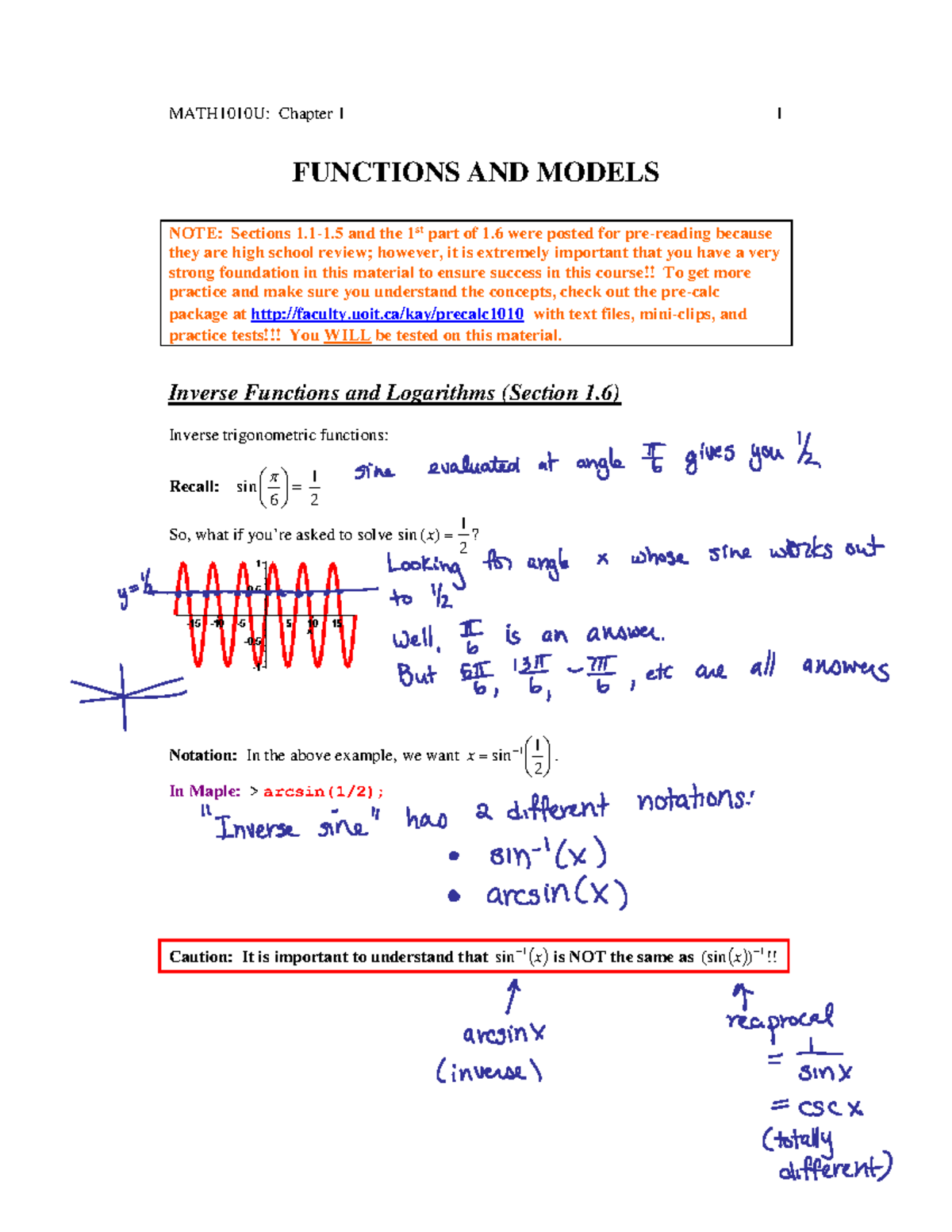 Lecture notes, lecture 1, FUNCTIONS AND MODELS rn - FUNCTIONS AND ...