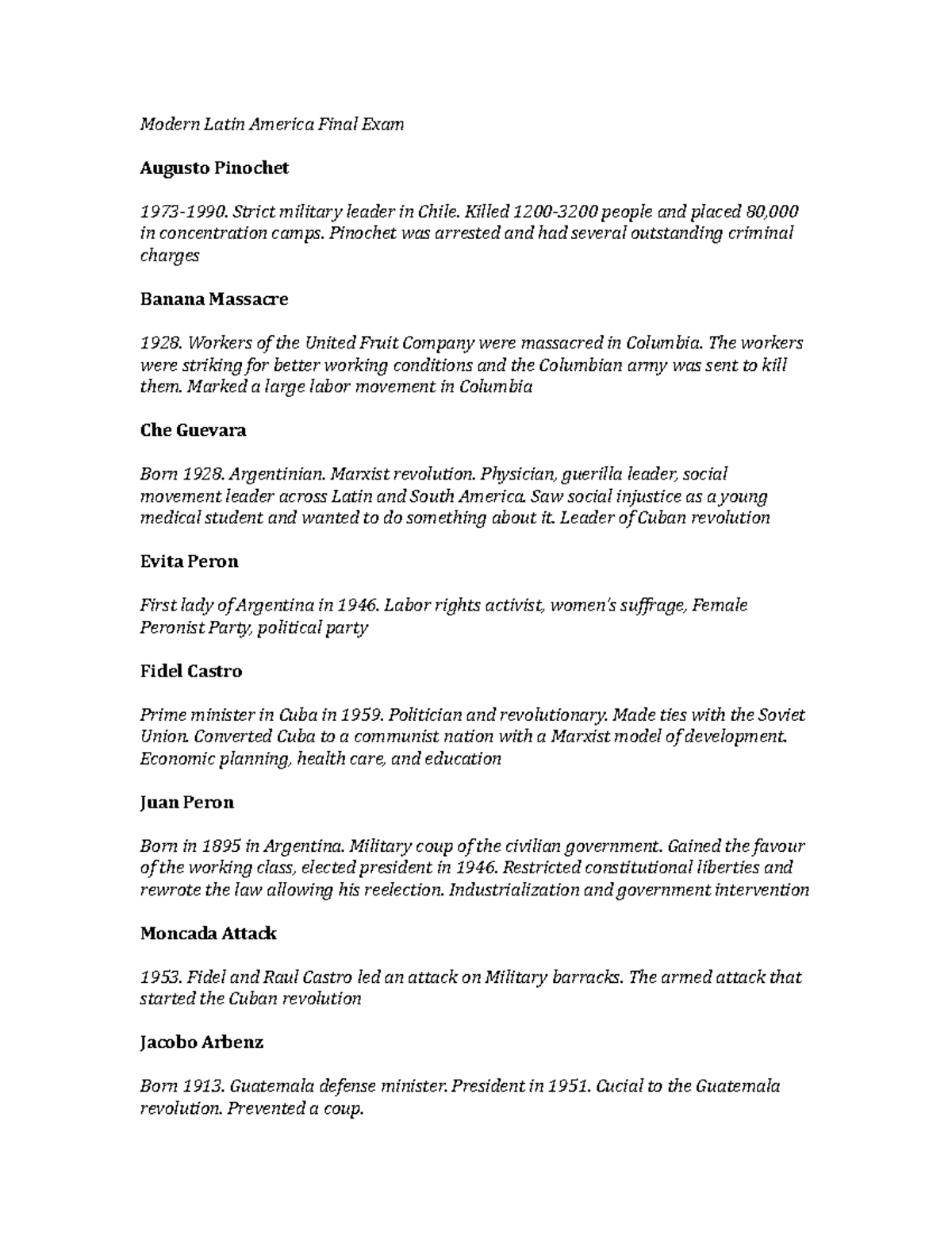 Modern Latin America Final Exam - Killed people and placed in ...