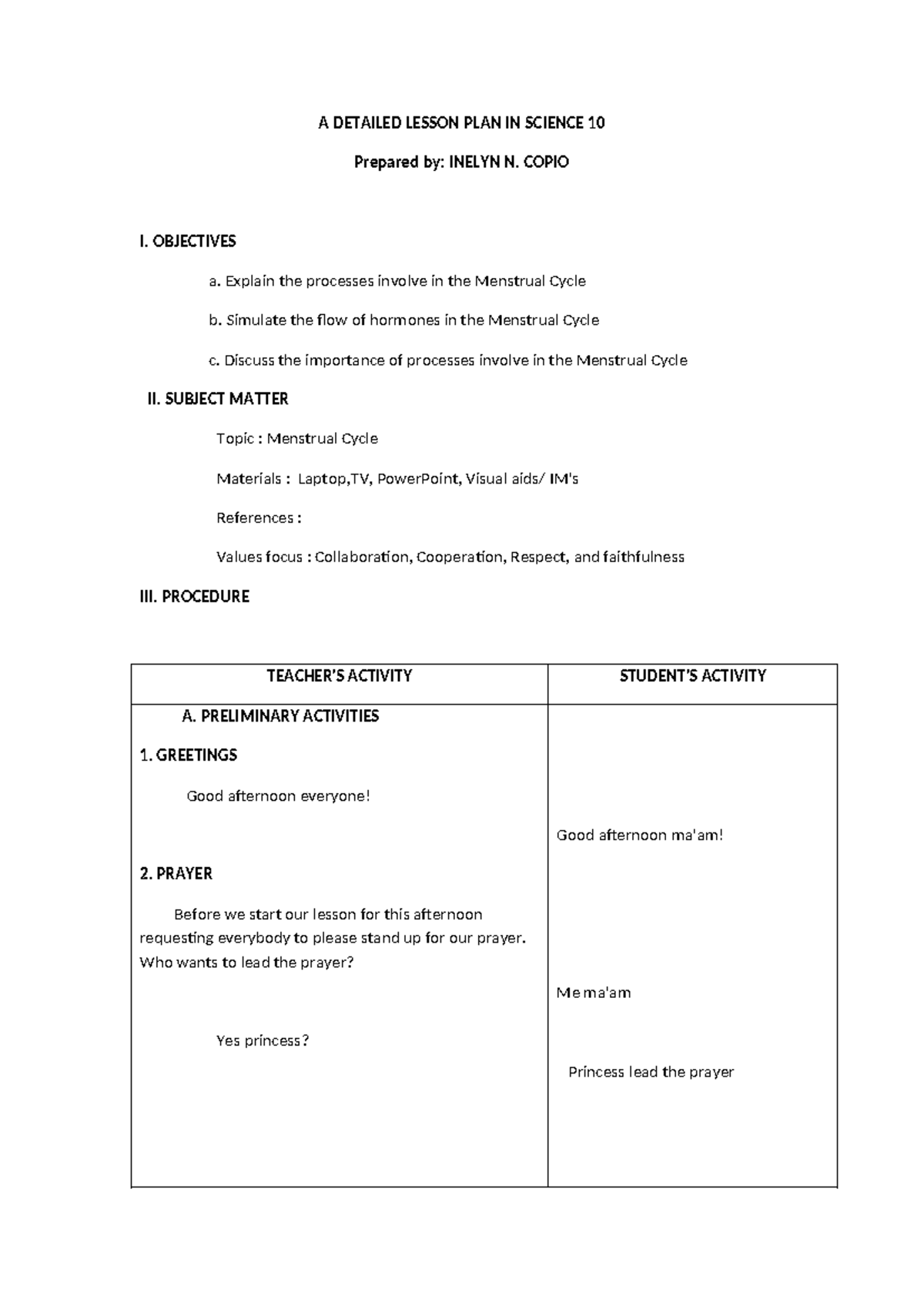 Menstrual Cycle lesson plan (copioinelyn)-demonstration - A DETAILED ...