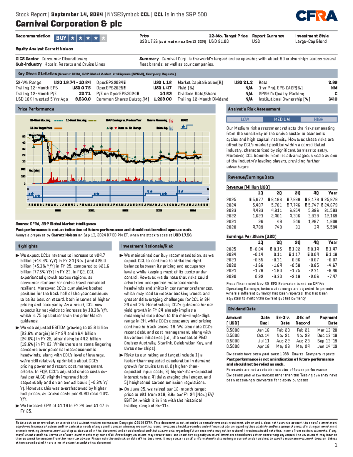 CFRA Equity Research Carnival Corporation & plc 14 Sep 2024 - Carnival ...