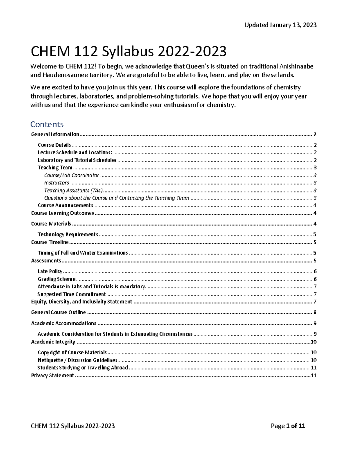 Syllabus 2023-01-13 - Welcome to CHEM 112! To begin, we acknowledge ...