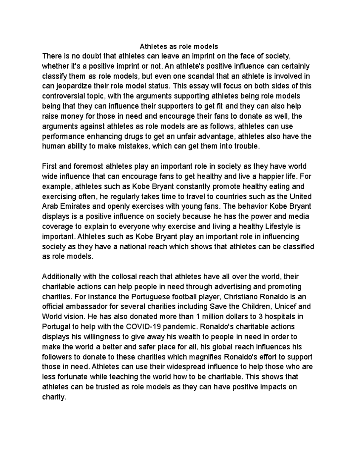 Athletes as role models - Athletes as role models There is no doubt ...