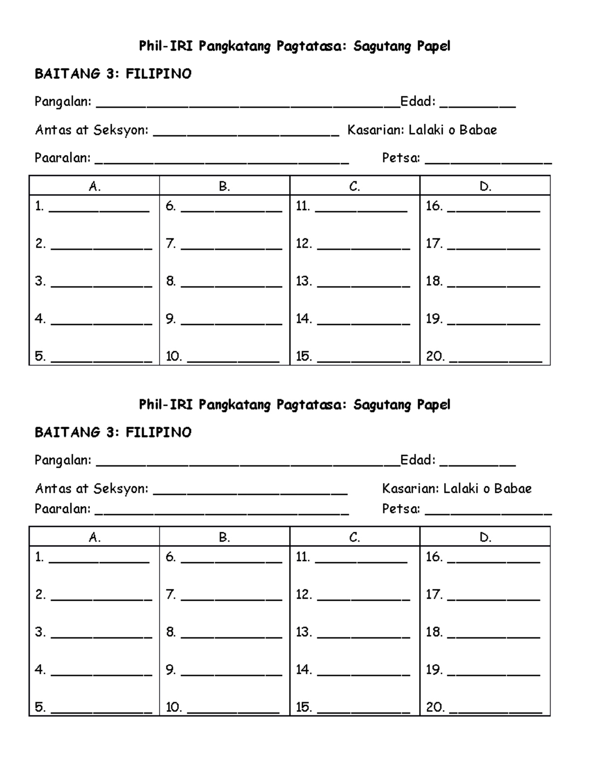 Phil IRI GST Answer Sheet Complete 3 6 Filipino and English - Phil-IRI ...