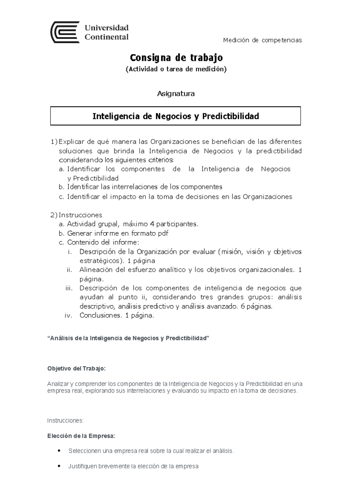 Consigna Inteligencia DE Negocios Y Predictibilidad - Medición de competencias Consigna de ...