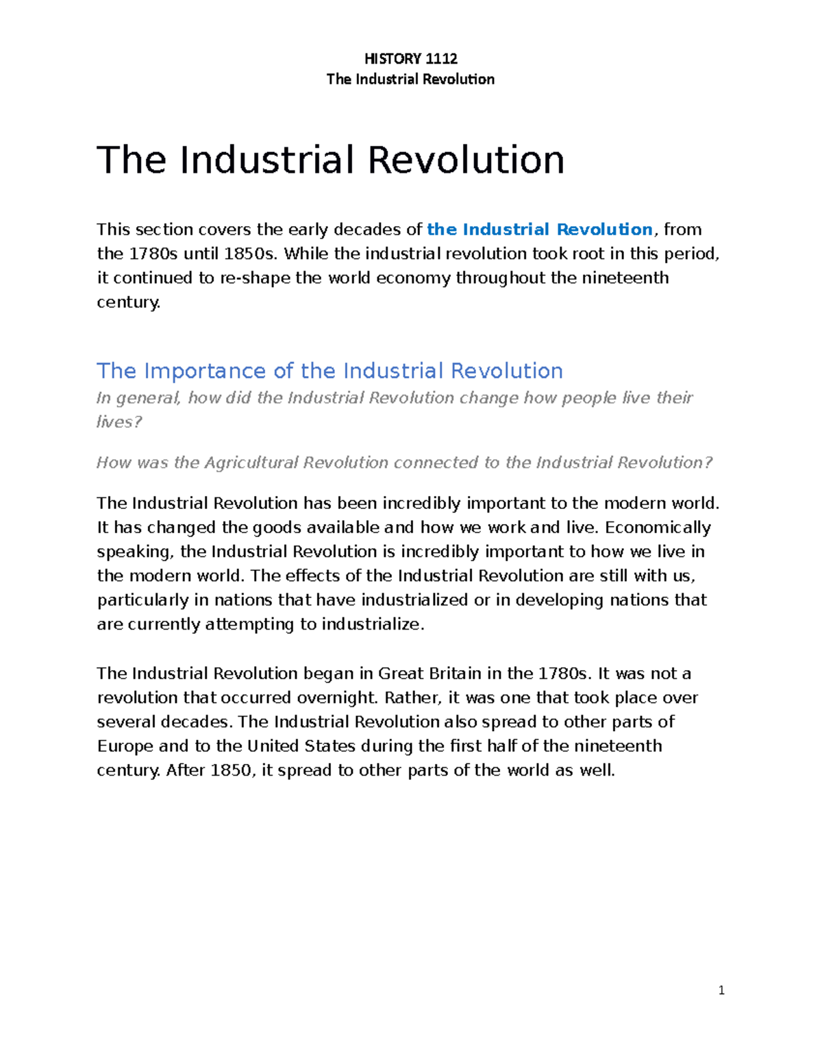 HIST 1112 - The Industrial Revolution - The Industrial Revolution The ...