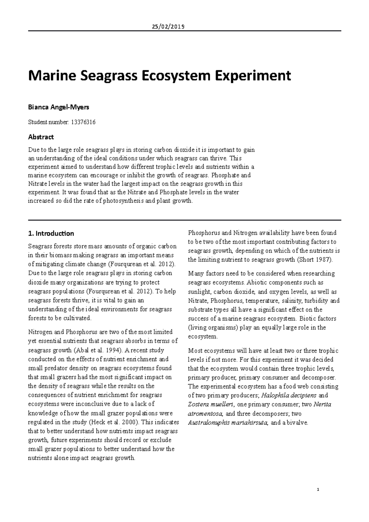 Ecosystem Report - Marine Seagrass Ecosystem Experiment Bianca Angel ...