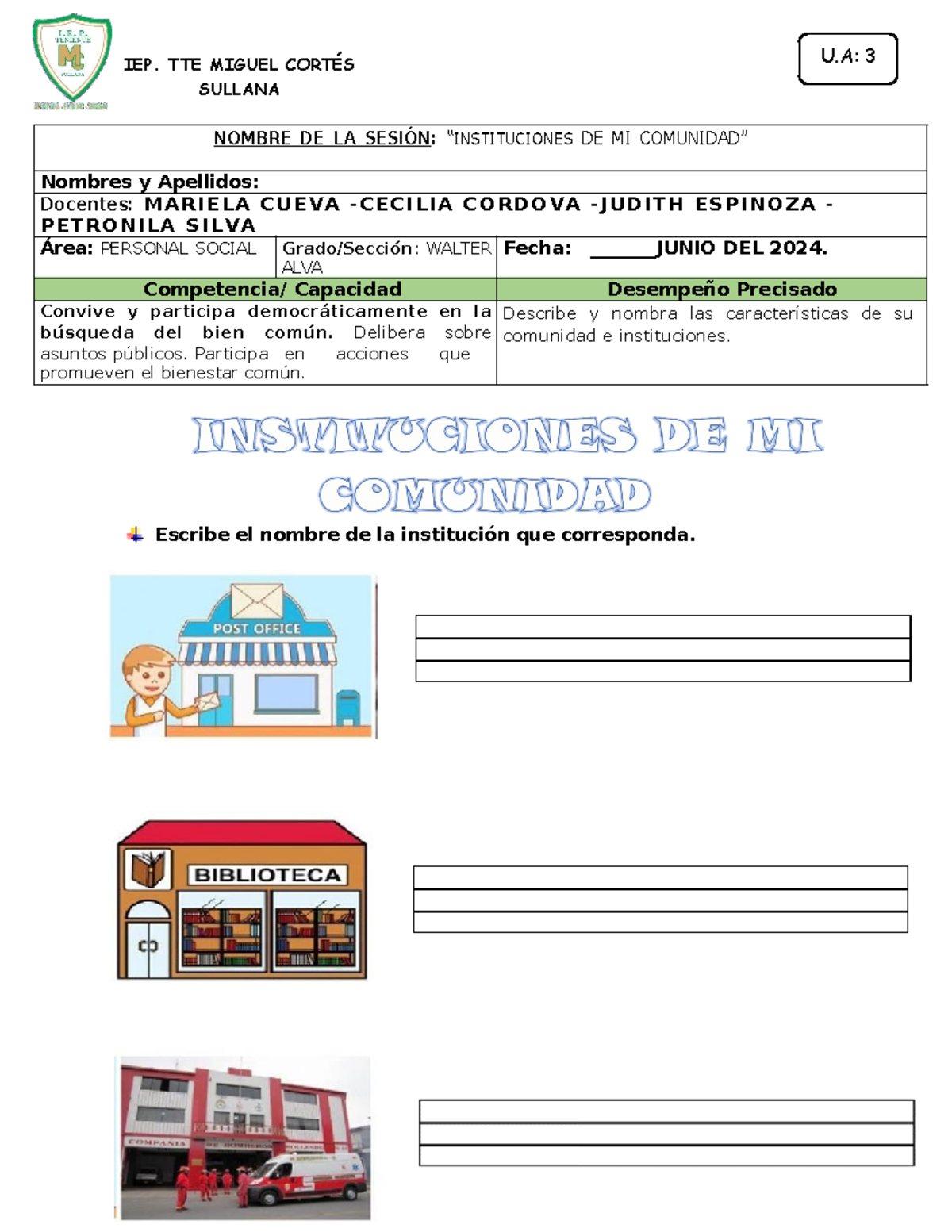 Ficha DE MIS Instituciones DE MI Comunidad 2024 - IEP. TTE MIGUEL ...