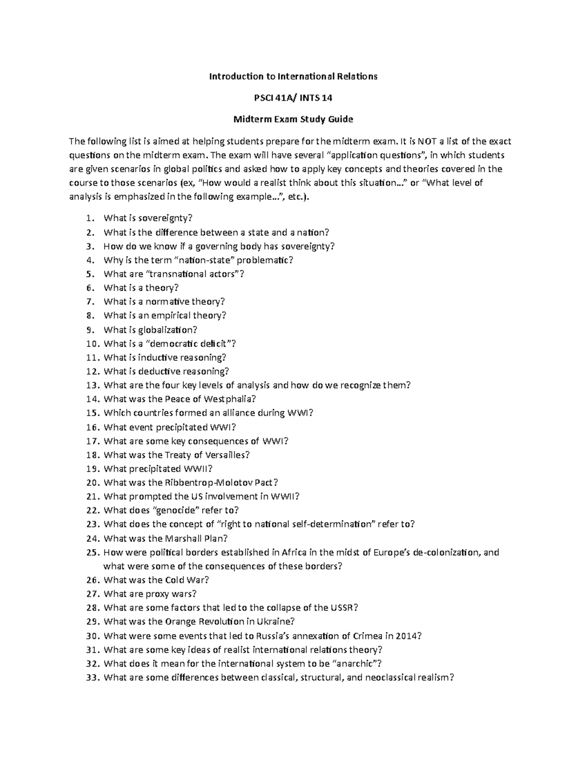 Midterm Exam Study Guide - Introduction to International Relations PSCI ...