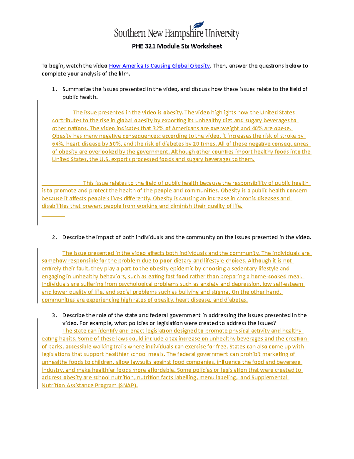 PHE 321 Module Six Worksheet - PHE 321 Module Six Worksheet To begin ...