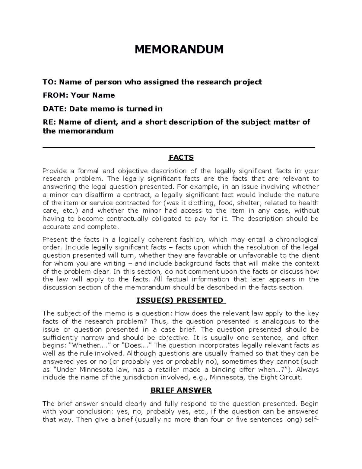 Legal Memo Template - templete - MEMORANDUM TO: Name of person who ...